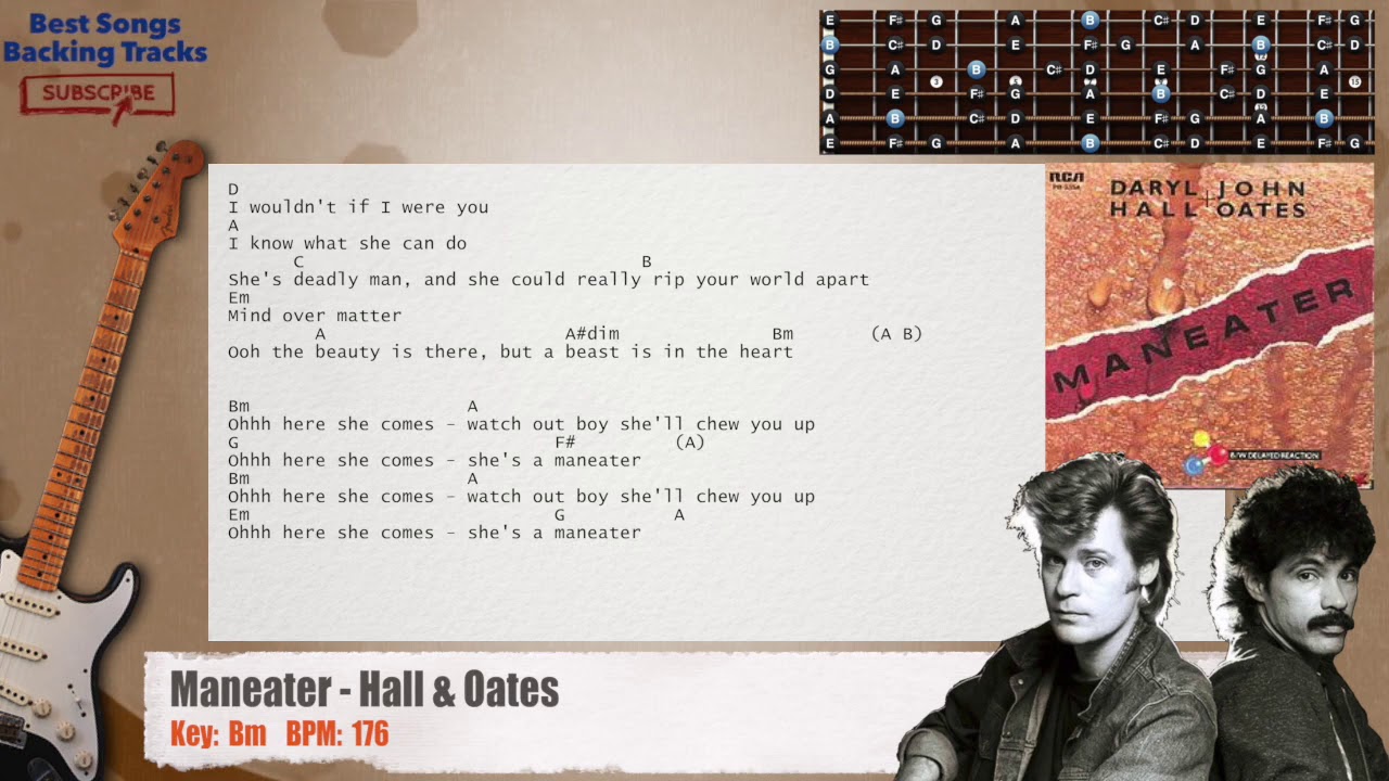 🎸 Maneater - Hall & Oates Guitar Backing Track with chords and lyrics ...
