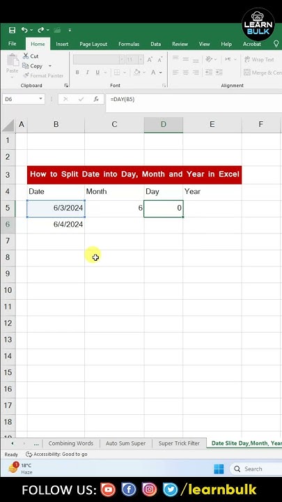 How to Split date into Day Month and Year in Excel #shorts #reels - YouTube