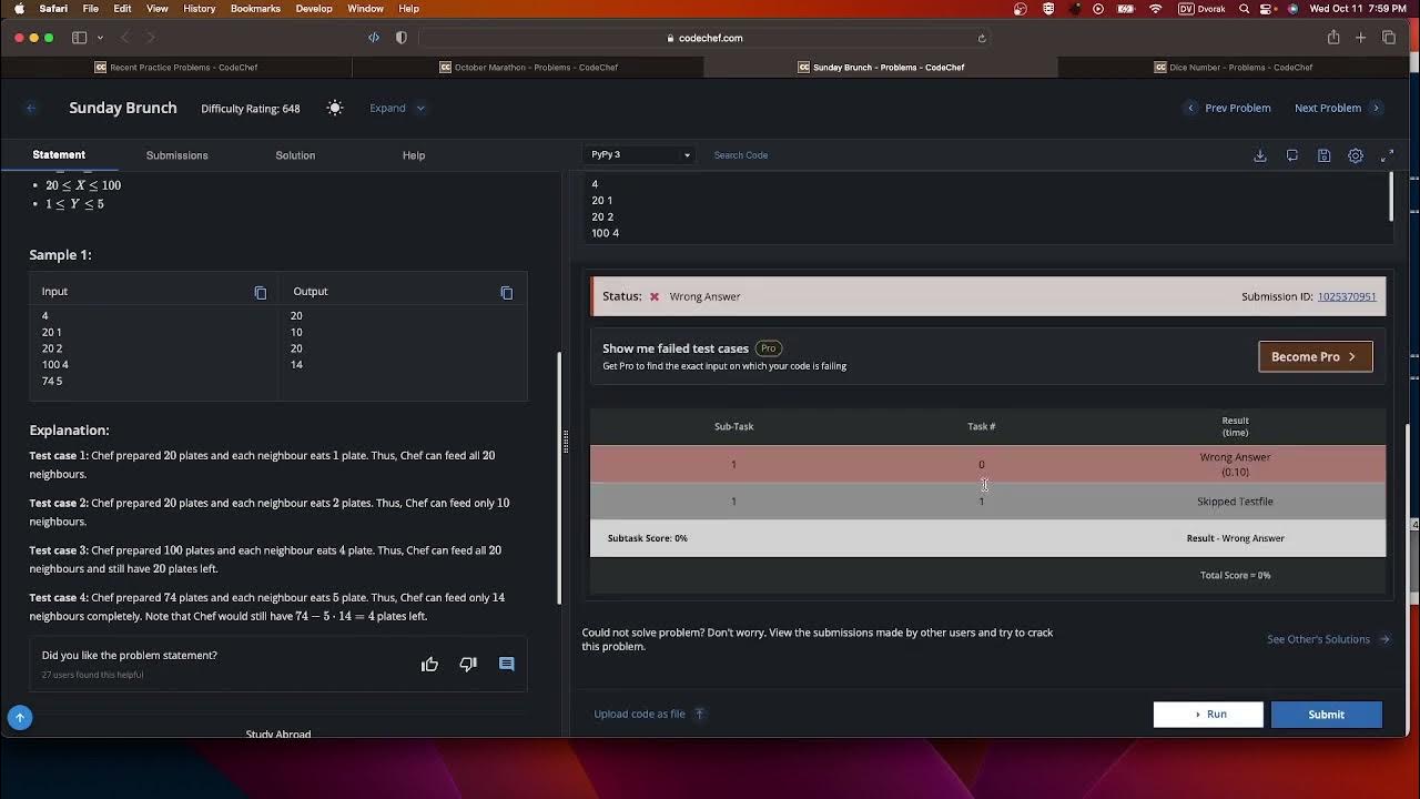 CodeChef Starters 103 Practice Problems (OCTATHON, BRUNCH, DICENUM ...