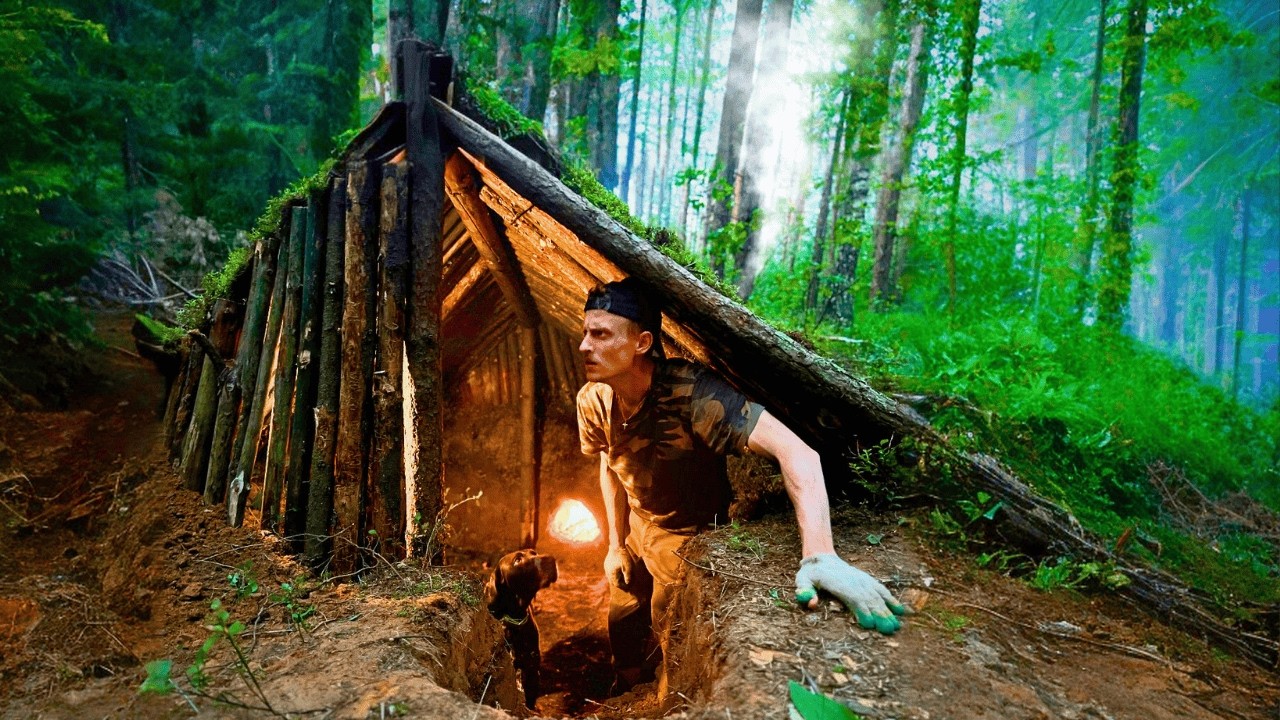 Underground Bushcraft Shelter | Full Build with Logs, Clay and Fire ...