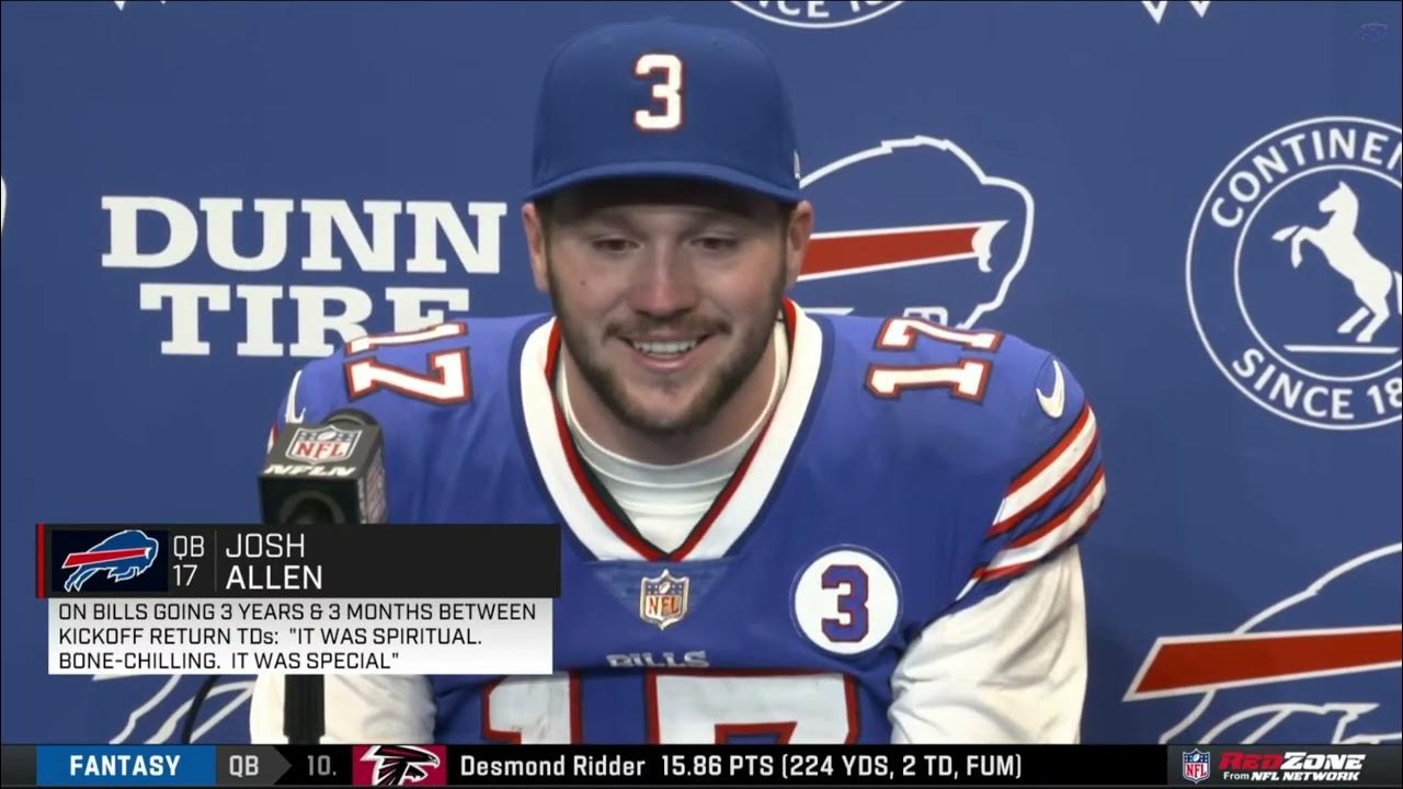 Josh Allen gets emotional talking about Nyheim Hines' kickoff return TD for Damar Hamlin - YouTube