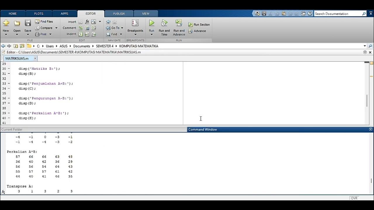 Mengoperasikan matriks menggunakan mathlab - YouTube