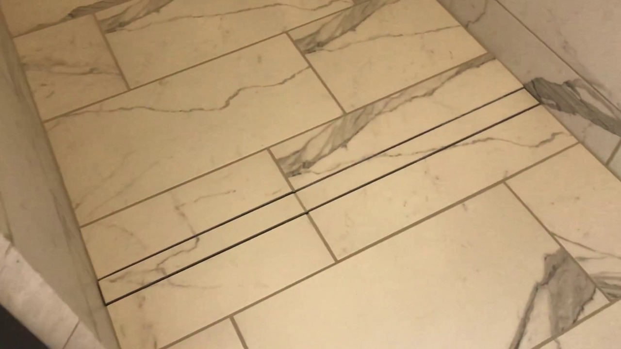 Completed Carrera Porcelain Tile Shower - Invisible Linear Drain - YouTube