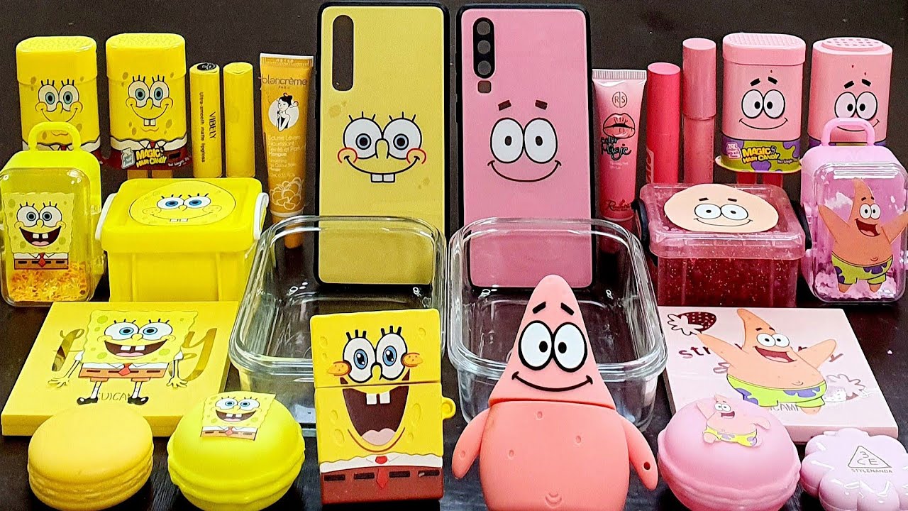 Spongebob vs Patrickstar Slime Mixing Makeup,Parts, Glitter Into Slime ...