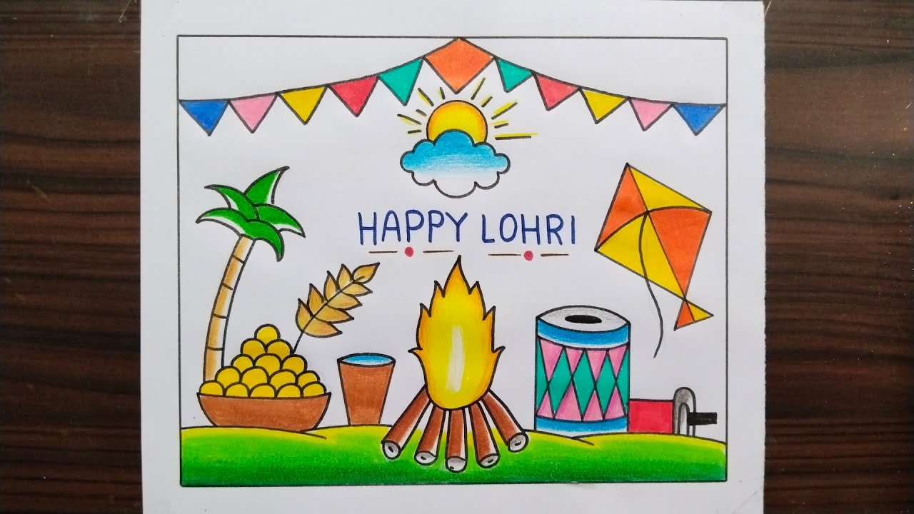 Lohri Drawing Easy Steps / Lohri Festival Drawing / Happy Lohri Drawing ...