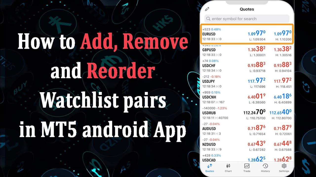 How to Add, Remove and Reorder your Quotes Watchlist android MT5 app ...