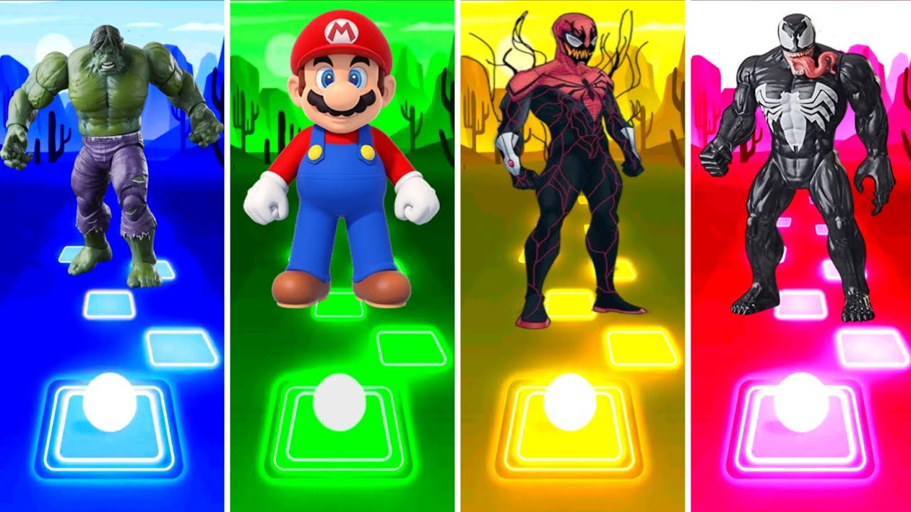 Hulk Man 🆚 Super Mario 🆚 Spider Man 🆚 Venom 🎶 Who is Best !! Tiles Hop ...