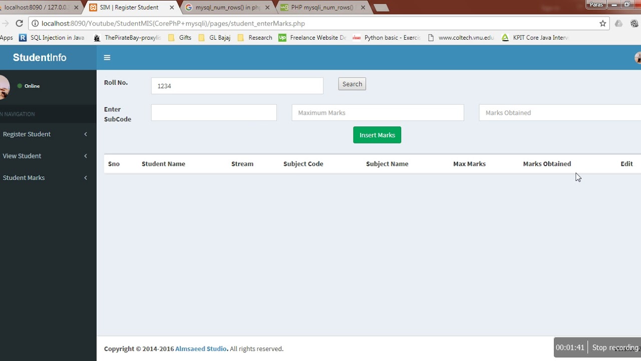 17 Student Information Management Student Marks Record Add Marks & View ...