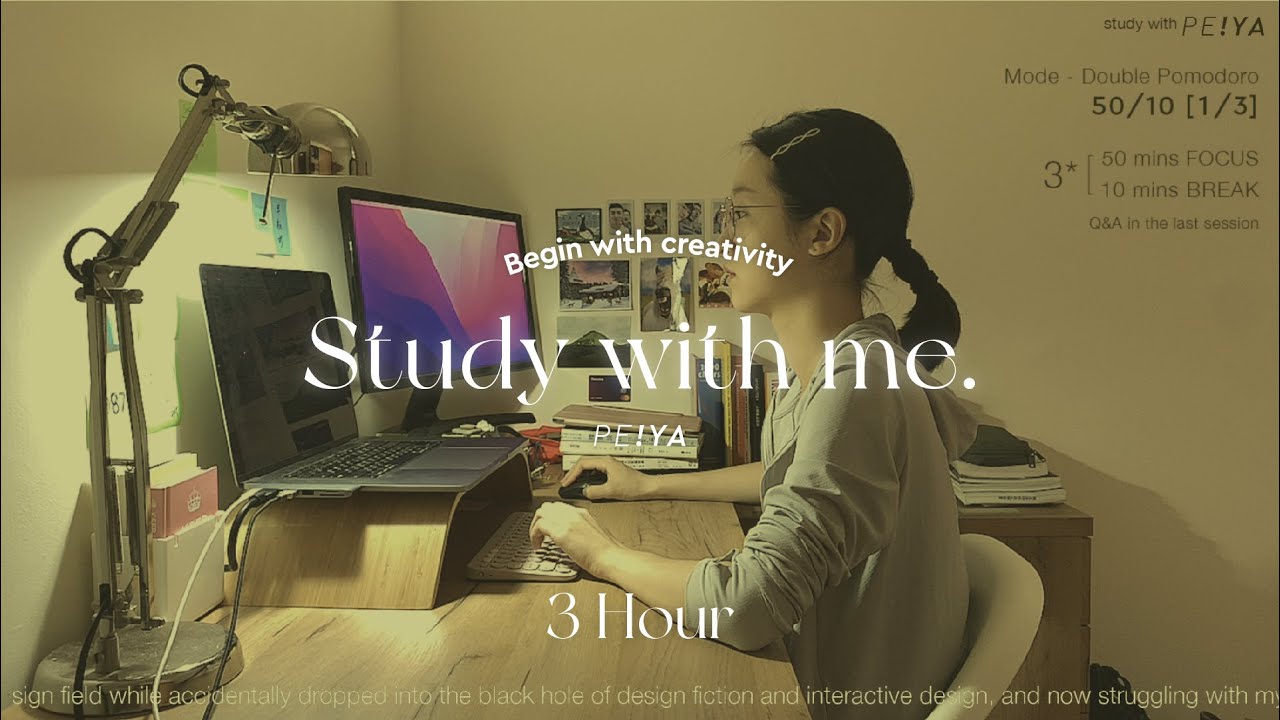3 Hour Pomodoro Timer | Study with me | 50/10 Real-time Study | Design ...
