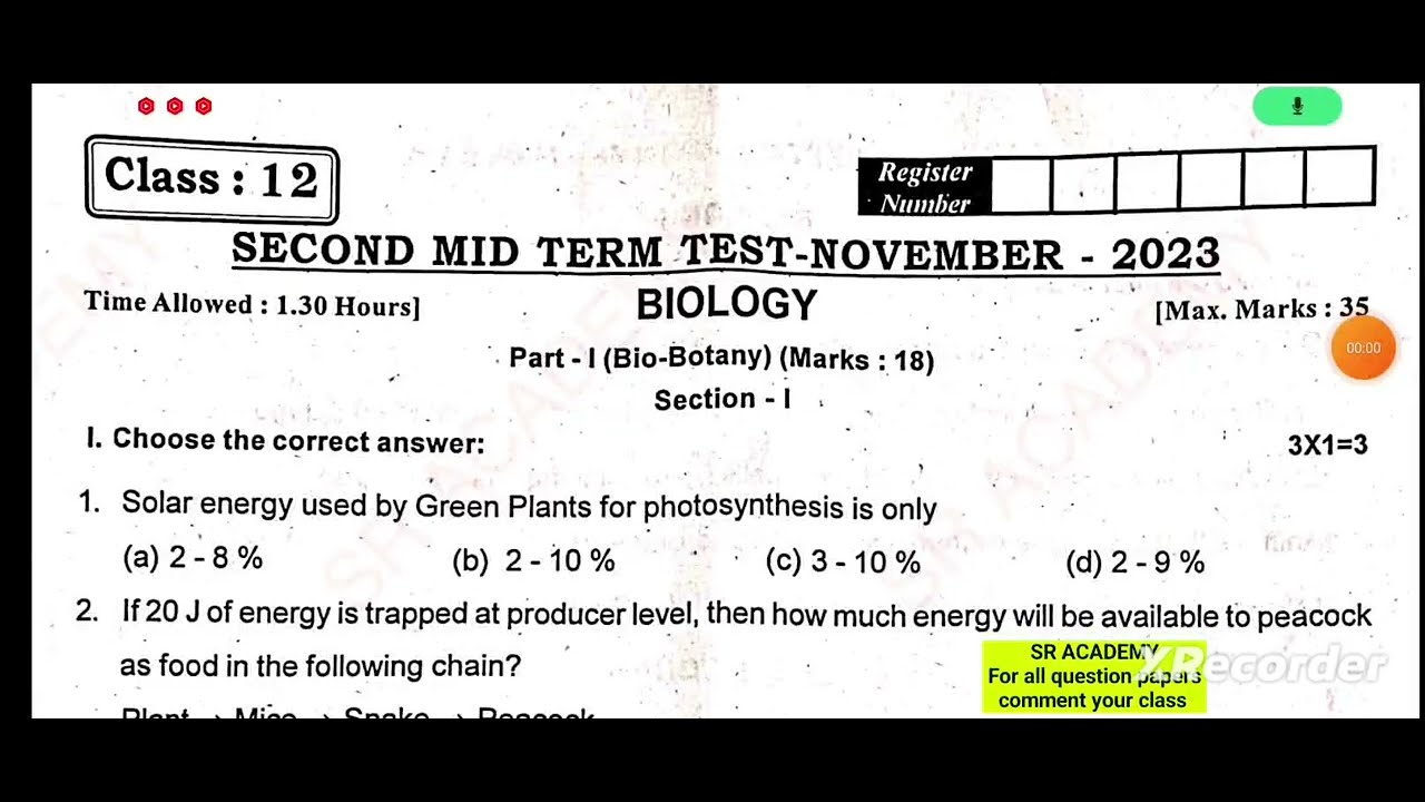 12th biology 2nd midterm 2023 test original question paper English ...