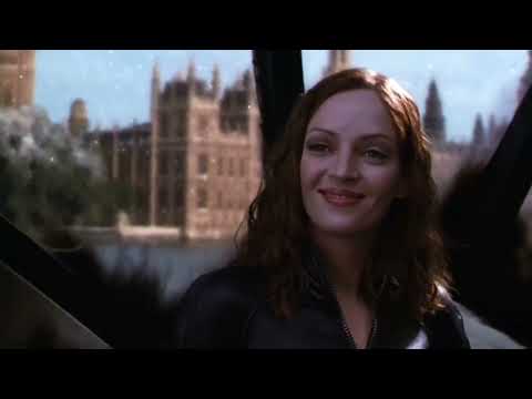 Uma thurman wearing leather catsuit kick the guy in his balls ( the avengers)
