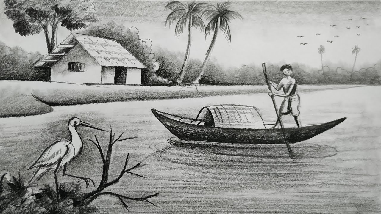 easy pencil sketch scenery drawing.landacape pahar and river side ...