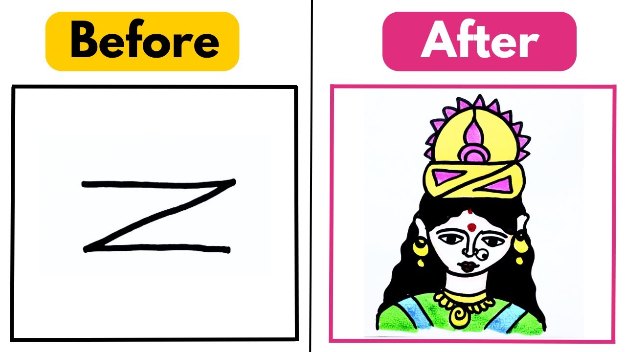 Easy Goddess Durga Maa Drawing With Z Alphabet | Step By Step | Easy ...