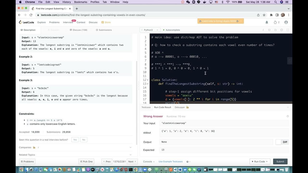 Leetcode 1371. Find the Longest Substring Containing Vowels in Even Counts - YouTube