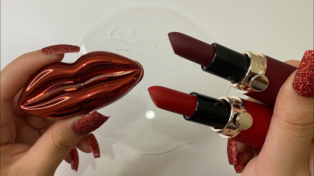 RED LIPSTICK RED NAIL POLISH Makeup Slime mixing satisfying cosmetic ...