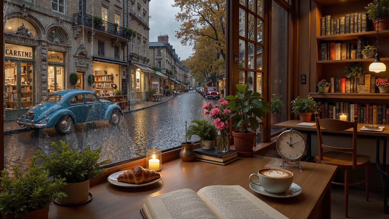 Relaxing Fall Jazz Piano 🍁 Rainy Window View & Cozy Ambience in the ...