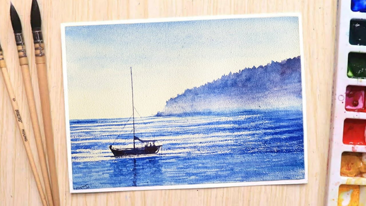 Easy watercolor painting for beginners | Sea and boat painting - YouTube