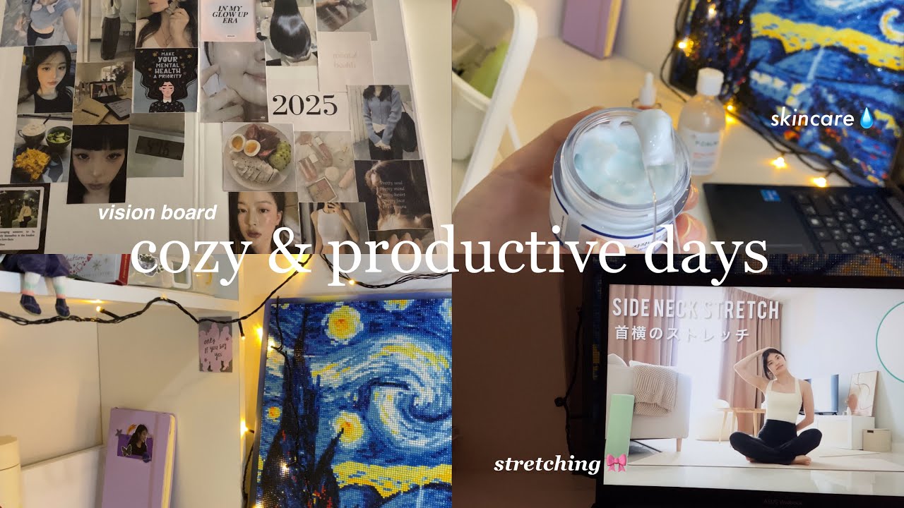 My Cozy and Productive Day 🎀| Vision Board, Skincare, Stretching ...