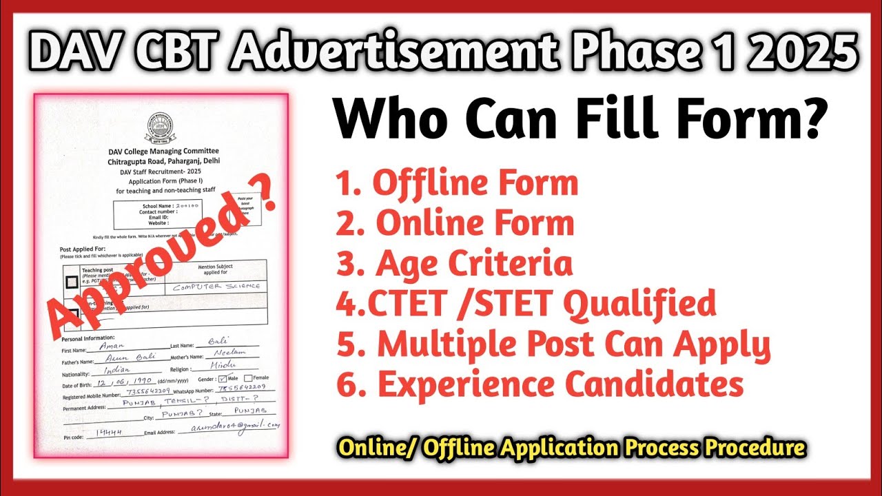 DAV Public School All Over Indian Combined CBT Application Form Educational Qualifications For ...