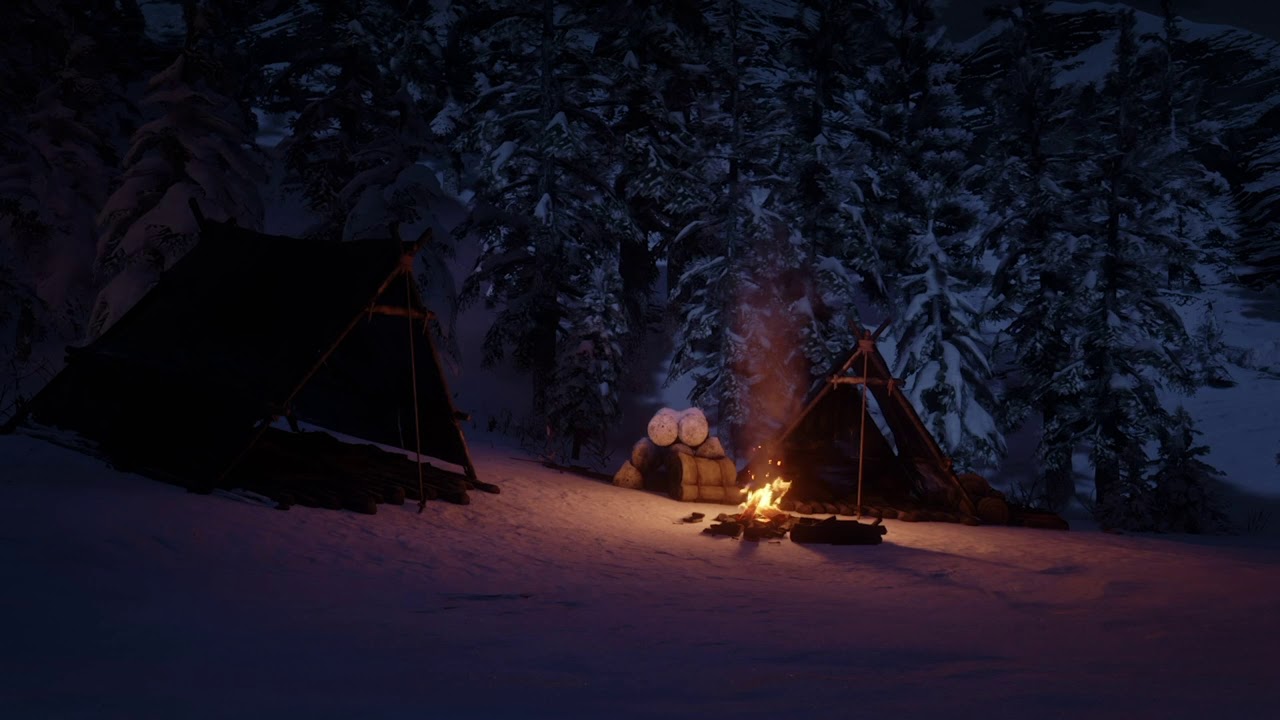 Red Dead Redemption 2 - Snowy Night Camp Ambiance 2 (fire, elk, soft ...