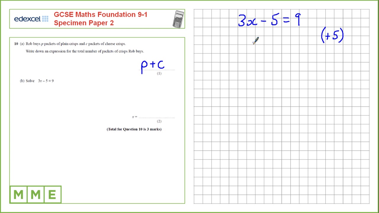 GCSE Maths EDEXCEL Foundation Specimen Paper 2 Q10 Forming and Solving ...