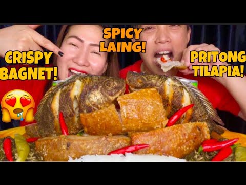 CRISPY BAGNET+SPICY LAING+FRIED TILAPIA | PINOY MUKBANG | Online Collab ...