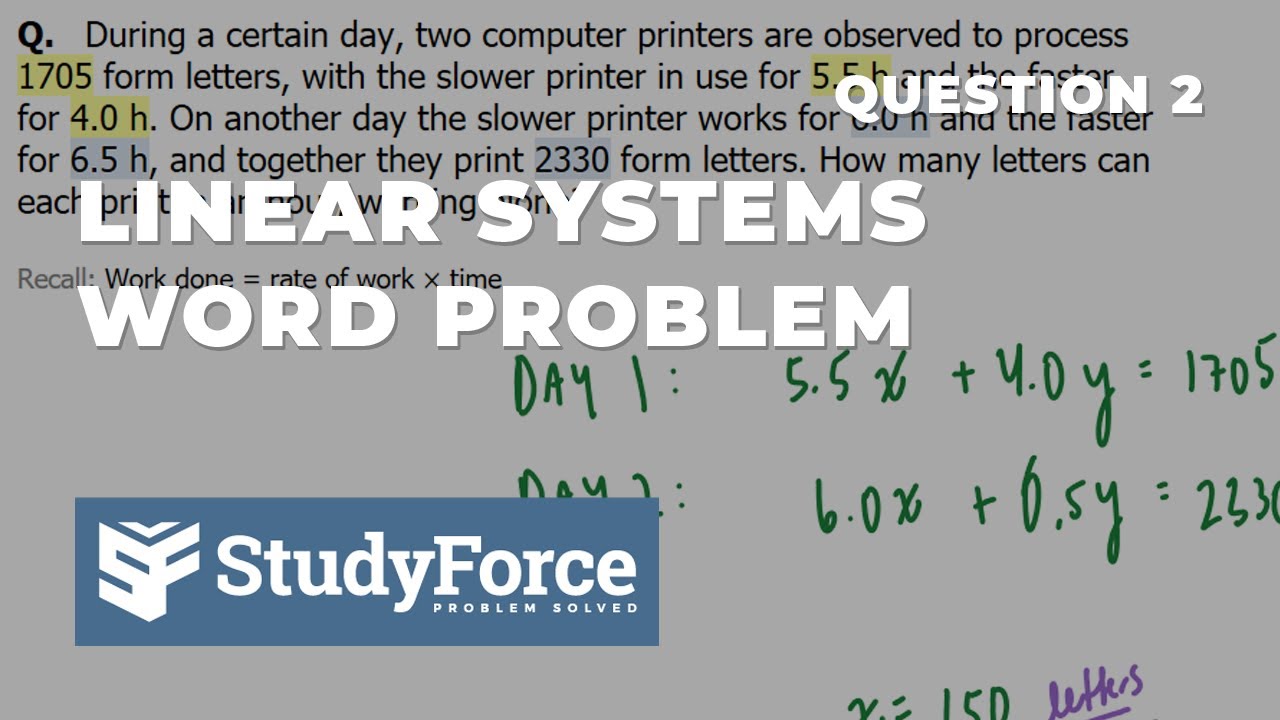 Linear Systems Word Problem | Work Application (Question 2) - YouTube