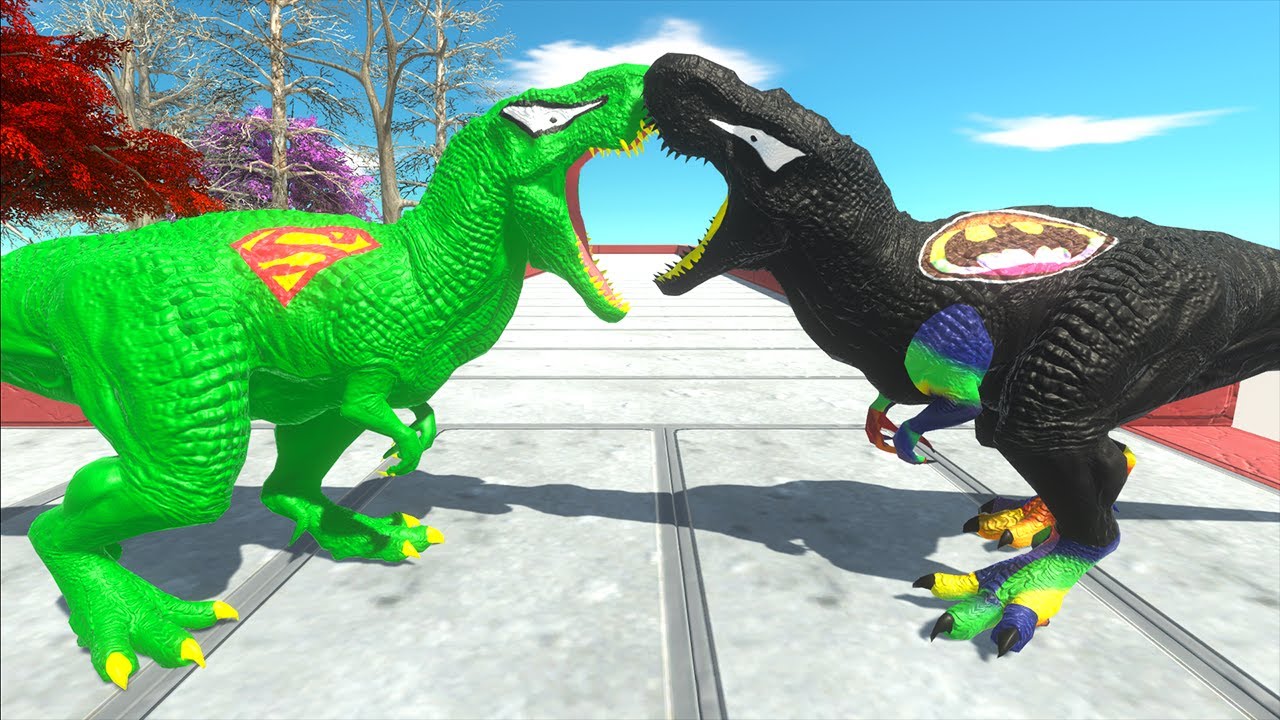 GREEN SUPERMAN T-REX VS BATMAN T-REX DEATH RUN - Animal Revolt Battle ...