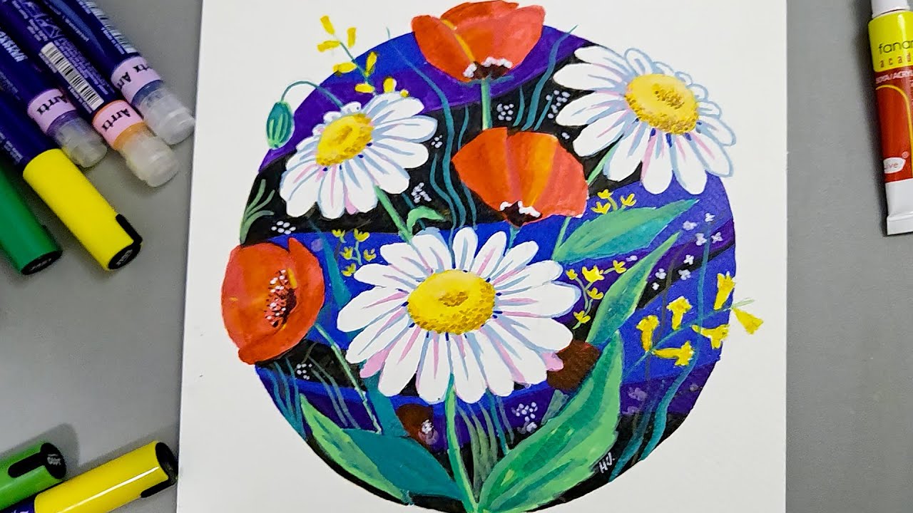 Easy Acrylic Marker Flowers | Daisy and Poppy Circle Art for Beginners ...
