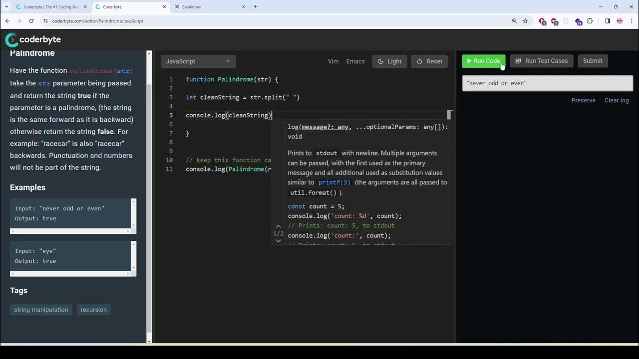 Coderbyte | Palindrome | Easy | Solution with JavaScript - YouTube