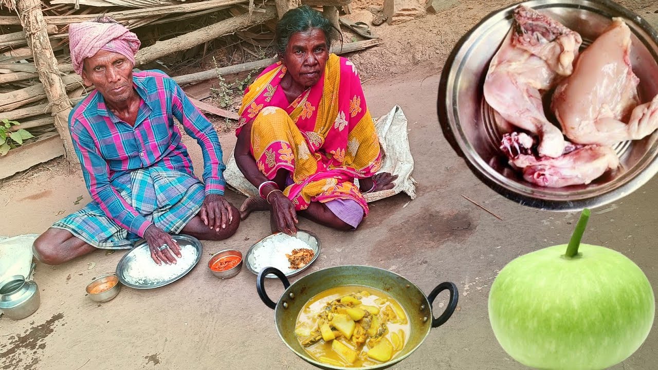 how to cook and eat CHICKEN CURRY with bottle gourd by Indian tribe ...