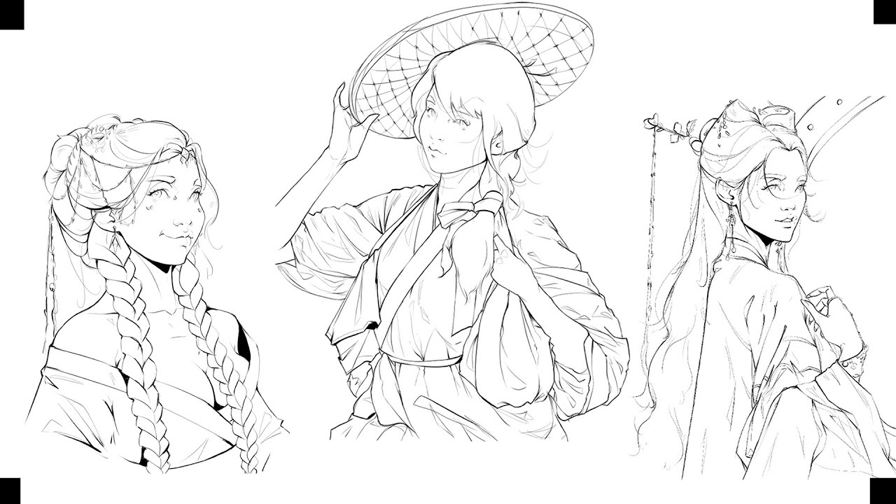 sketching/line art time lapse " drawing some portraits and half bodies ...