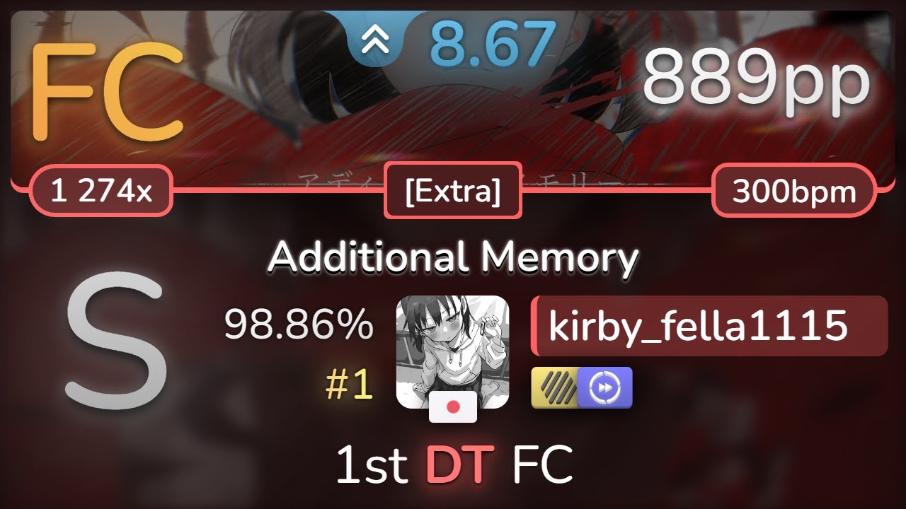 8.7⭐ kirby_fella1115 | JIN - Additional Memory [Extra] +HDDT 98.86% (#1 889pp FC) - osu! - YouTube