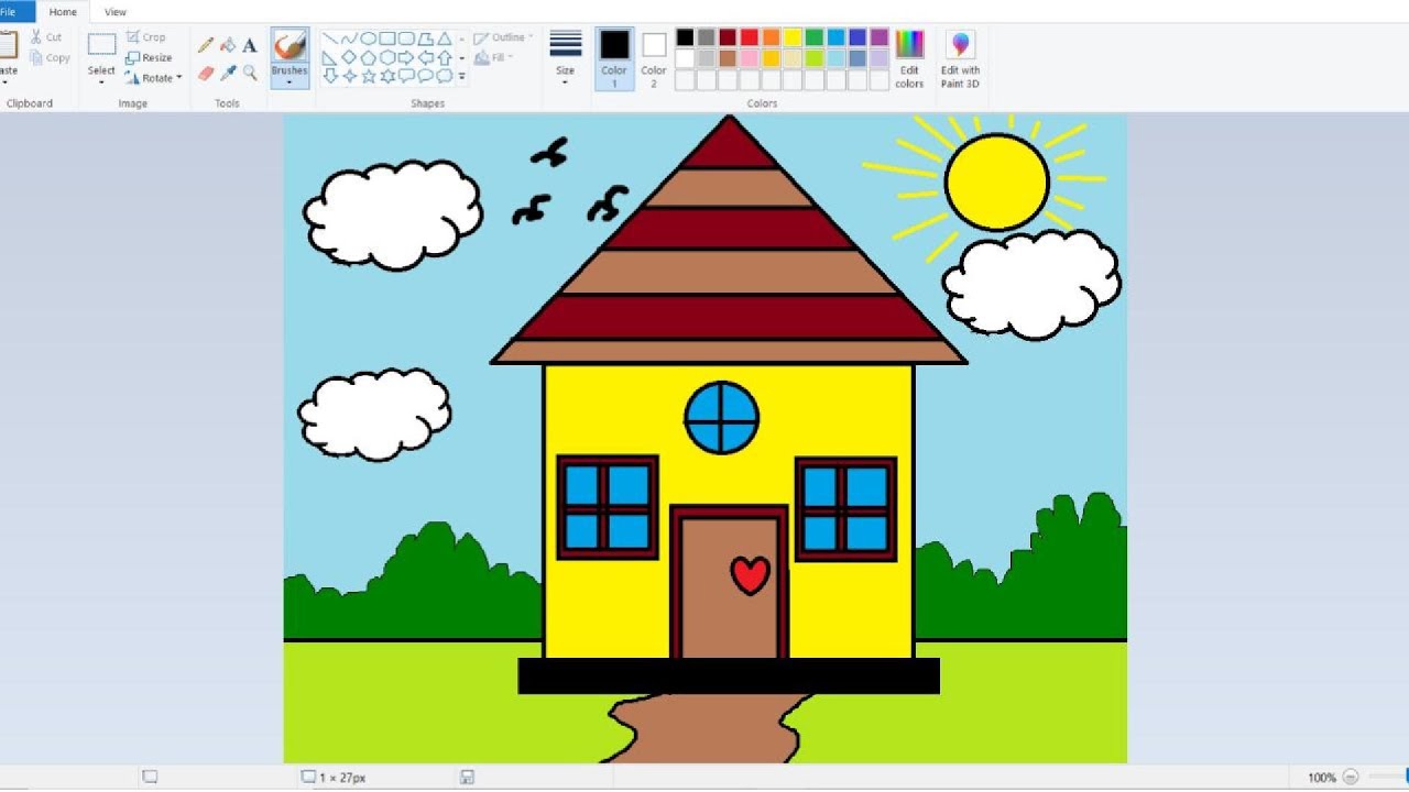how to draw a easy house drawing | MS Paint drawing house | cute ...
