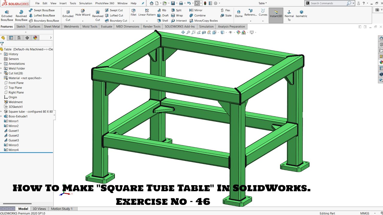 How To Make ''SQUARE TUBE TABLE'' In SolidWorks. Exercise No- 46 - YouTube