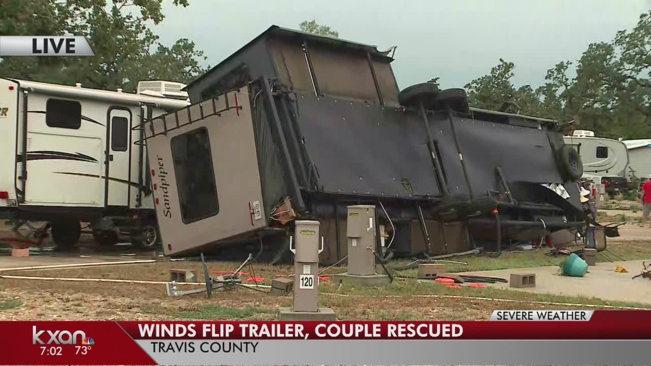 RV flipped by high wind in east Travis County; 2 rescued - YouTube