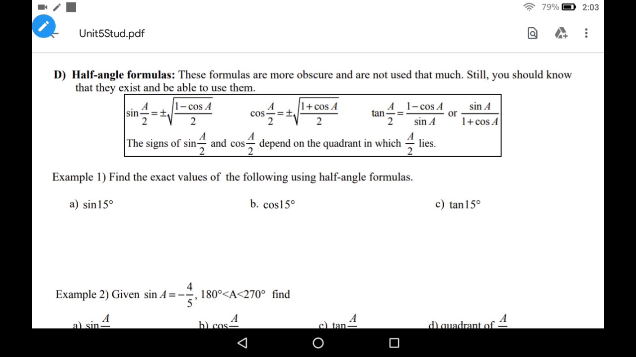 Precalculus Unit 5 Day 8 Half Angle Formulas YouTube Precalculus Unit 5 Day 8 Half Angle Formulas YouTube