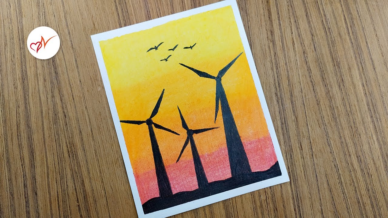 How to draw windmill scenery easily | Step by step oil pastel drawing ...