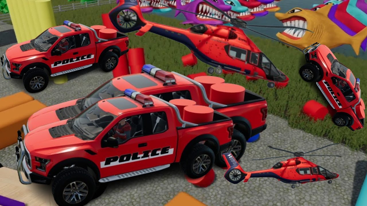 TRANSPORTING HELICOPTER MIXER TRUCK POLICE CARS TO GARAGE WITH MAN ...
