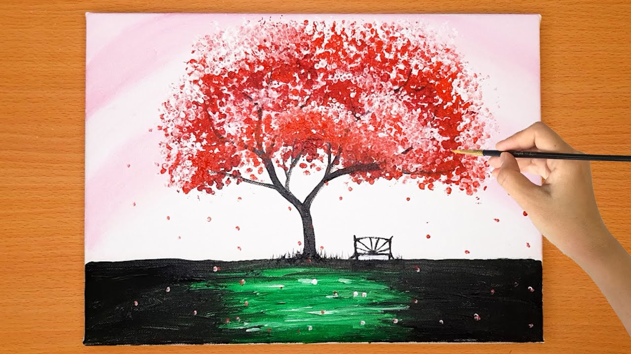 Painting Red Tree, Green Grass and Bench/Acrylic Painting for beginners ...
