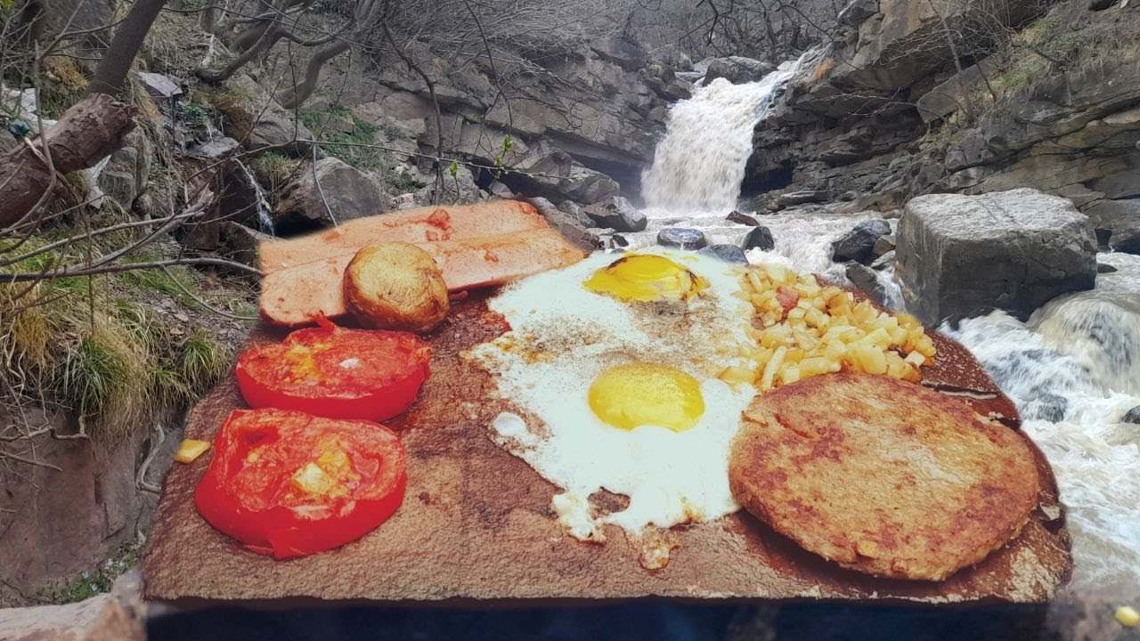 biggest bushcraft breakfast on the rock in nature _ cooking on a rock ...