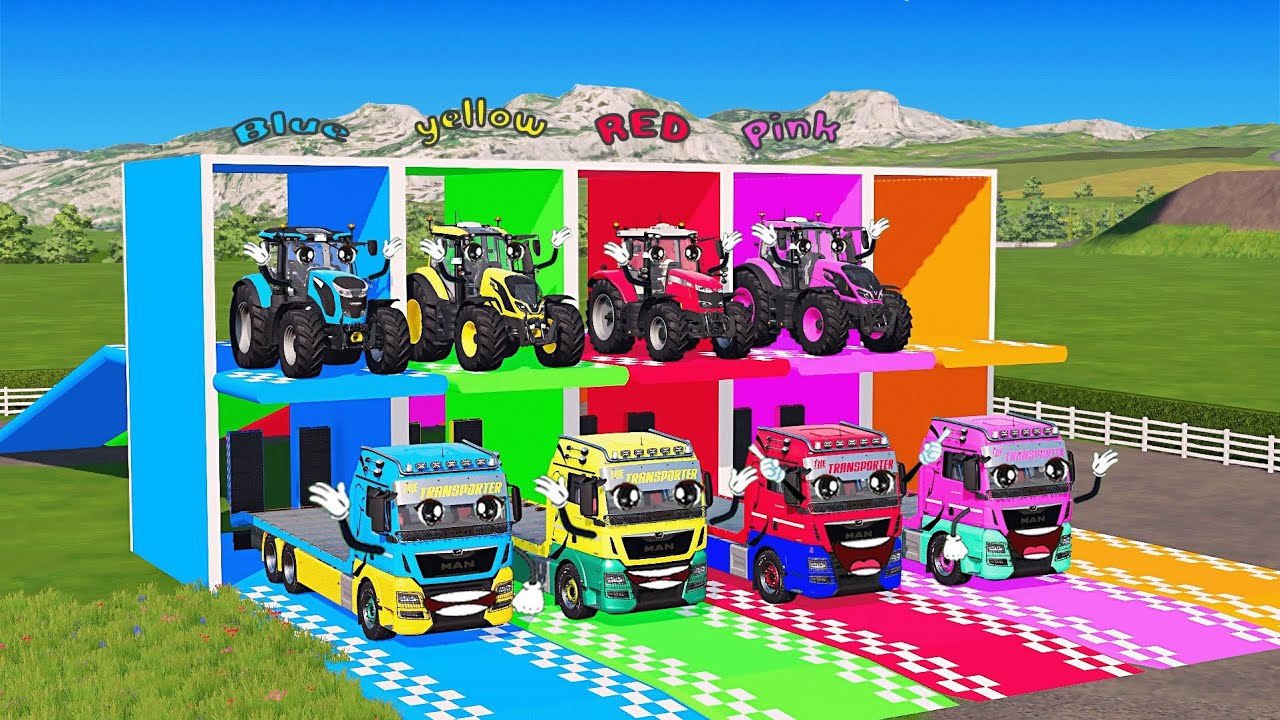 Transporting Double Flatbed Trailer Truck vs Mixer Truck vs Train ...