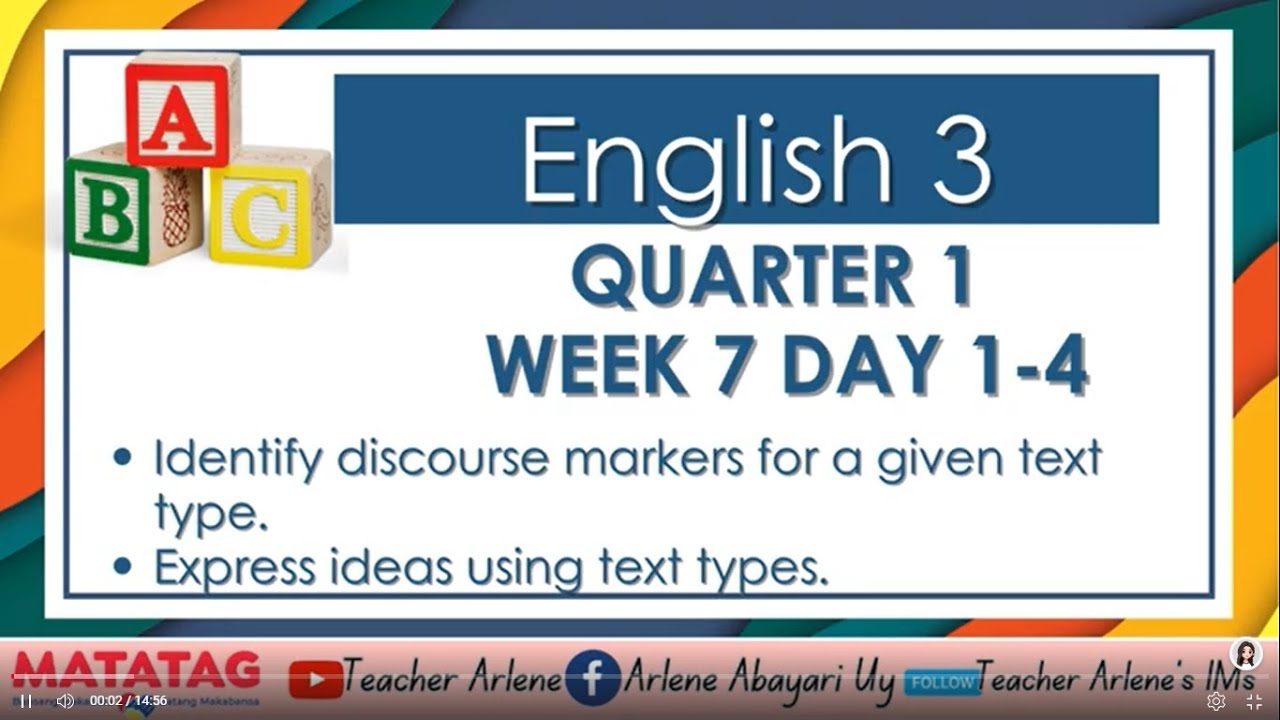 English 3 WEEK 7 Day 1 to 4 Quarter 1 Matatag Identify discourse markers for a given text type ...