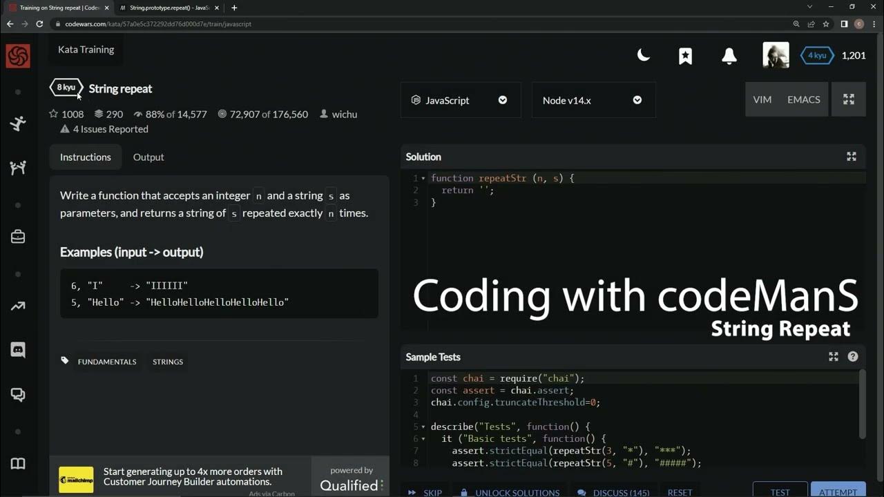 Codewars 8 Kyu String Repeat Javascript Youtube