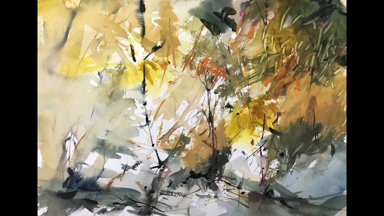 Abstract Watercolor Painting Autumn Scene Abstrakt Akvarel Efterårs ...