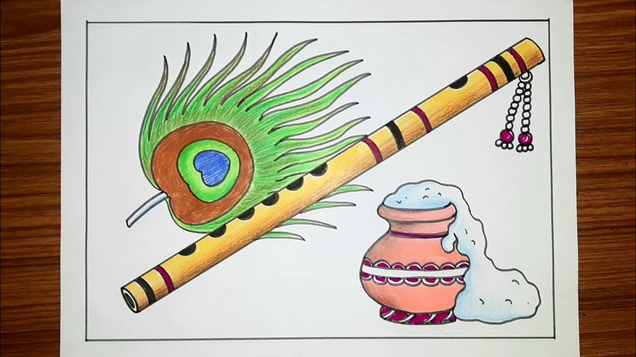Janmashtami easy drawing using Mayur pankh, Bansuri and Matki | - YouTube