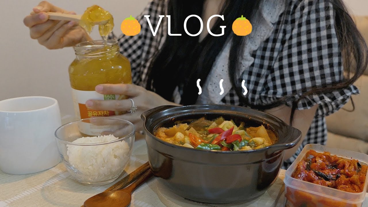Eng Vlog 자취생 브이로그 아파도 혼자 잘챙겨먹는 자취생🍲ㅣ김치수제비냉동고청소유자차떡볶이불닭볶음면순댓국흑임자