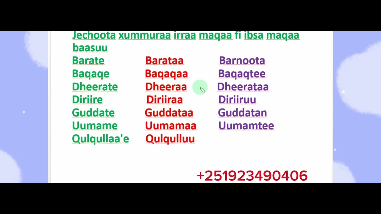 Afaan oromoo Jechoota xummuraa irraa maqaa fi ibsa maqaa baasuu Learn ...