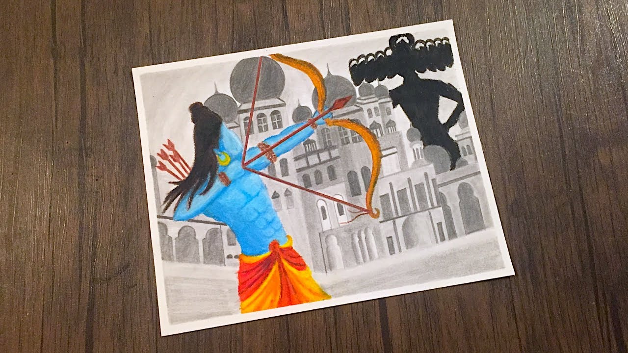 Dussehra drawing with oil pastels & pencils || Ravan dahan drawing ...