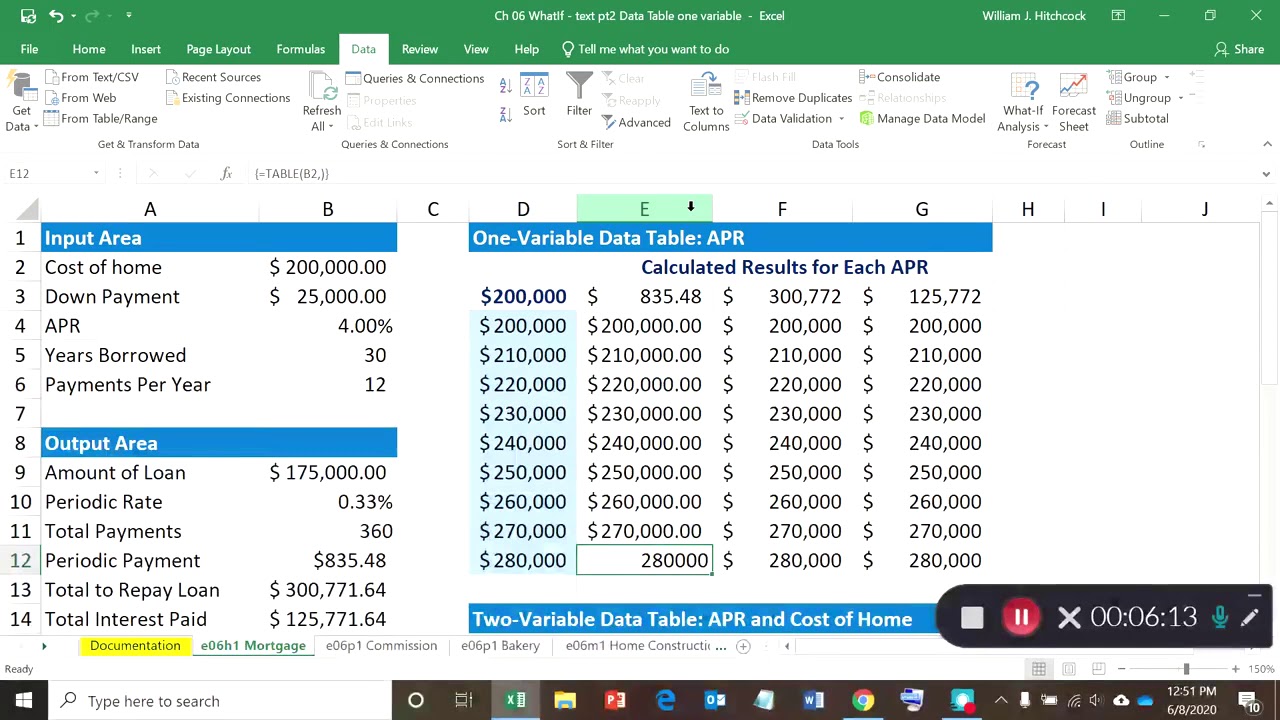 Ch 06 What If Pt2 Data Table One Variable Youtube 6069